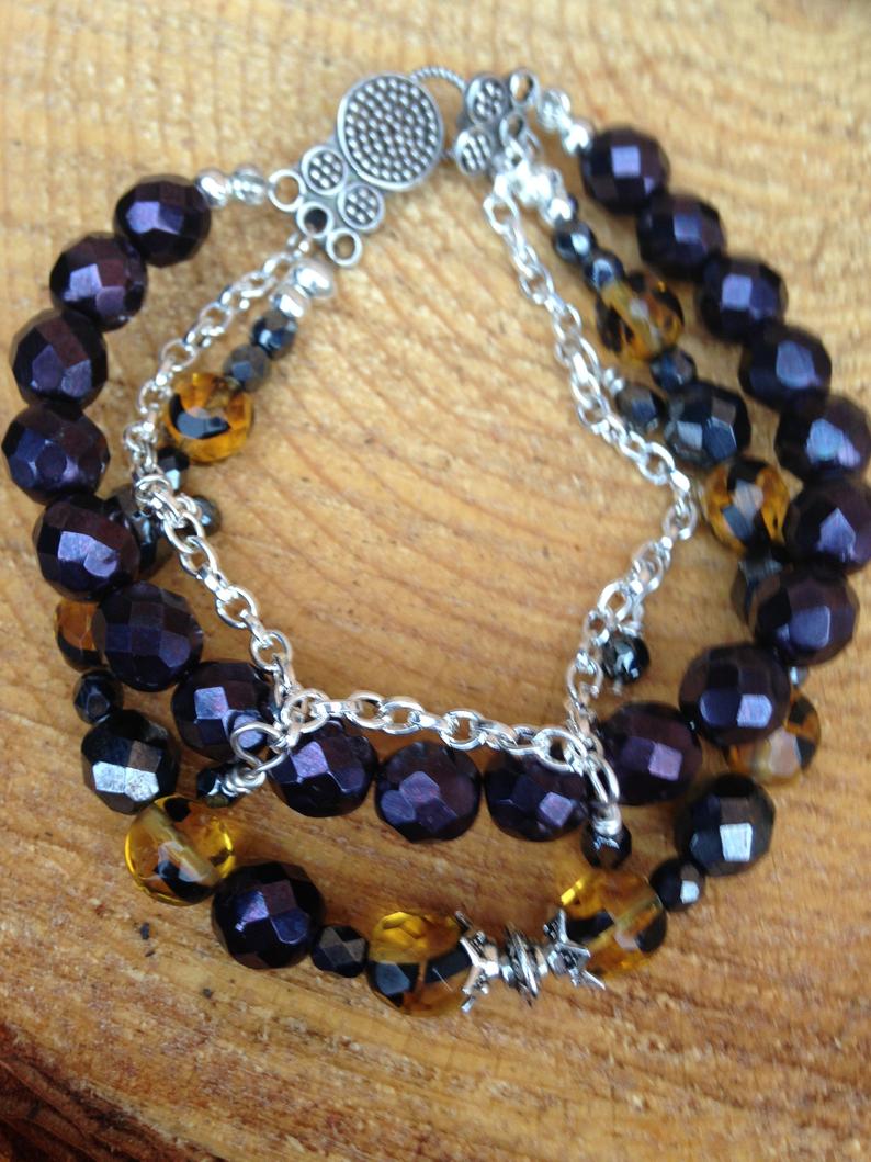 Fire Polished Glass Bead Triple Strand Bracelet And Earring Set on Luulla